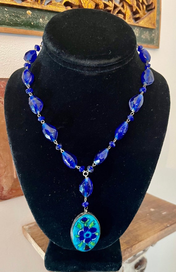Antique Pottery Shard Necklace Cobalt Blue Glass Beads Gem