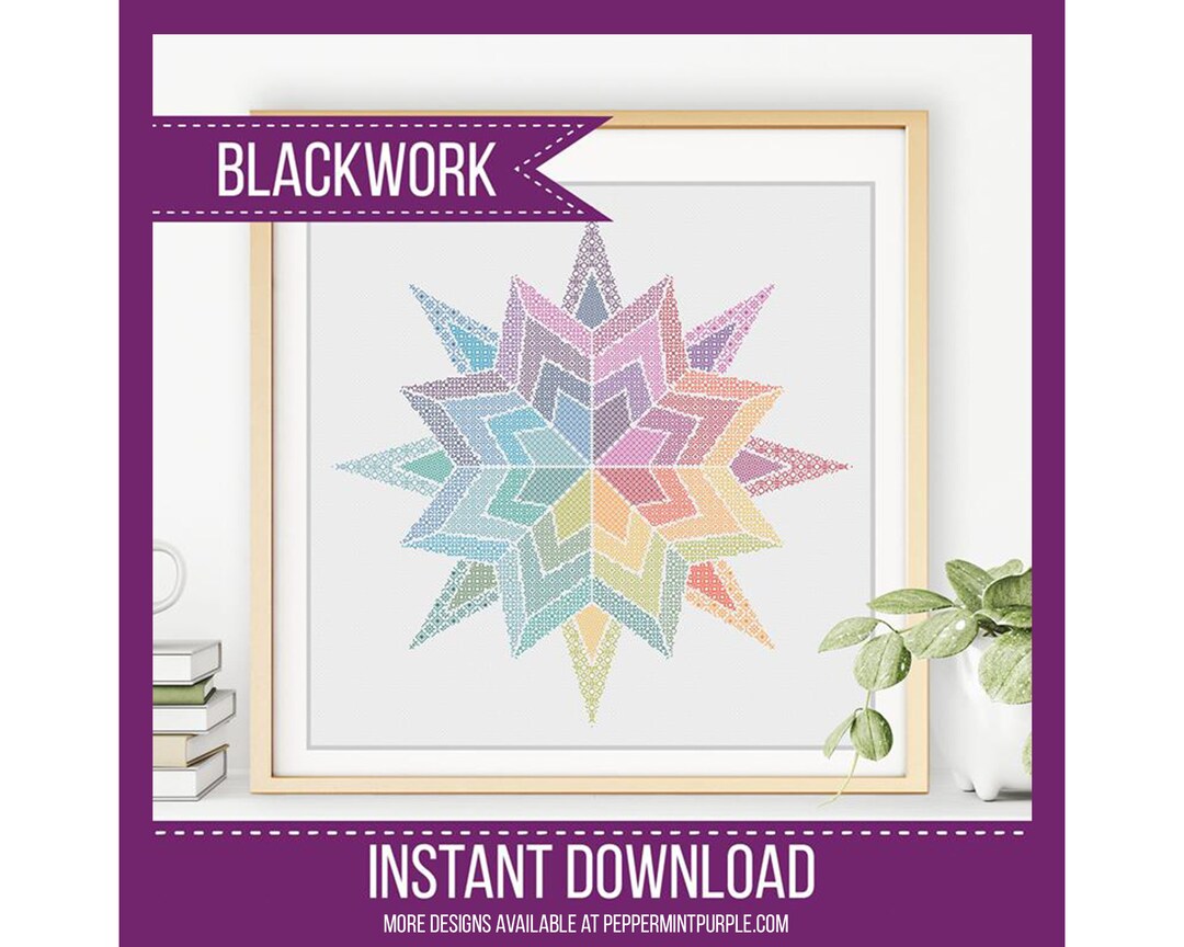 Blackwork Rainbow Star Pattern, Modern Blackwork Embroidery by ...
