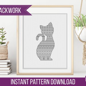 Blackwork Cat Silhouette Pattern, Blackwork Cat Chart, Blackwork Chart, Blackwork Chart by ...