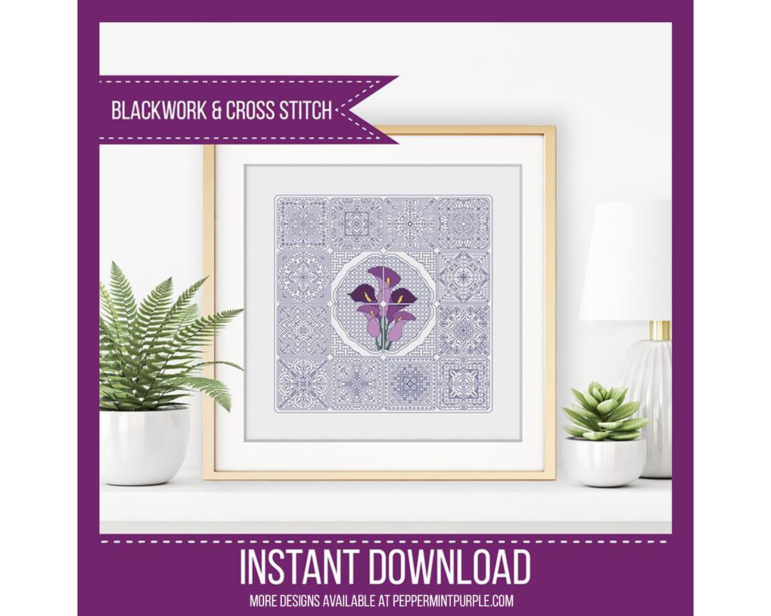 Blackwork Calla Lily Dutch Tiles Pattern, Black Work Chart, Blackwork ...