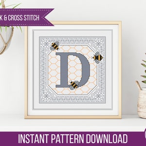 Blackwork Honeycomb Letter D and Bees Chart by Peppermint | Etsy