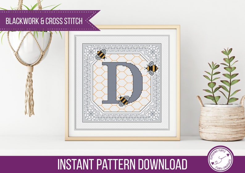 Blackwork Honeycomb Letter D and Bees Chart by Peppermint | Etsy
