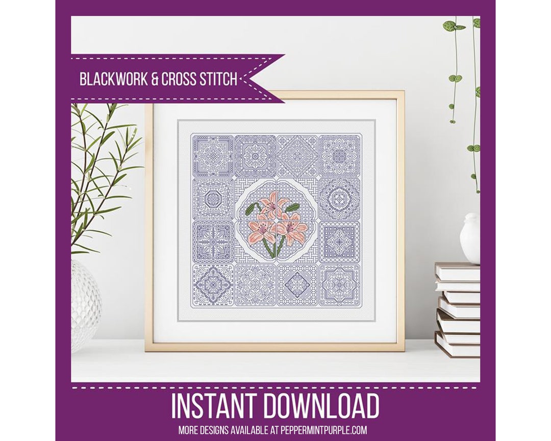 Blackwork Lily Dutch Tiles Pattern, Black Work Chart, Blackwork Chart ...