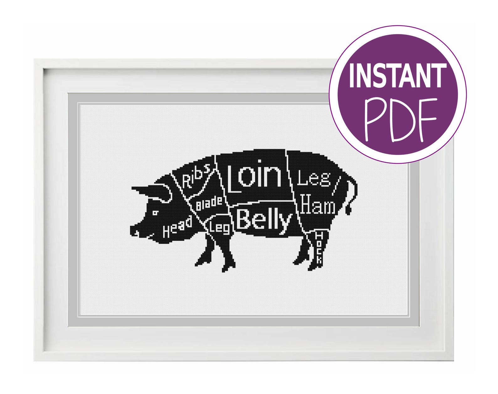Pig Meat Cuts Cross Stitch Pattern Chart, Kitchen Cross Stitch Pattern ...