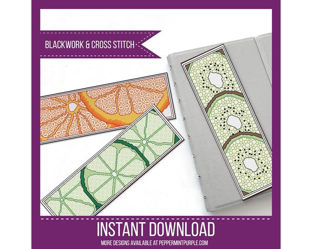 Blackwork Fruit Bookmarks Blackwork Bookmark Pattern, Coloured ...