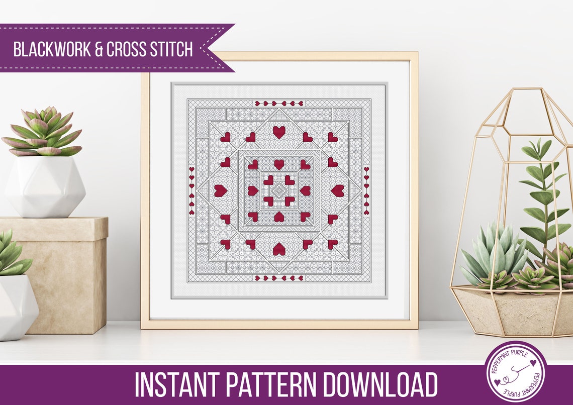 Blackwork Hearts Pattern Blackwork Square Blackwork Chart - Etsy