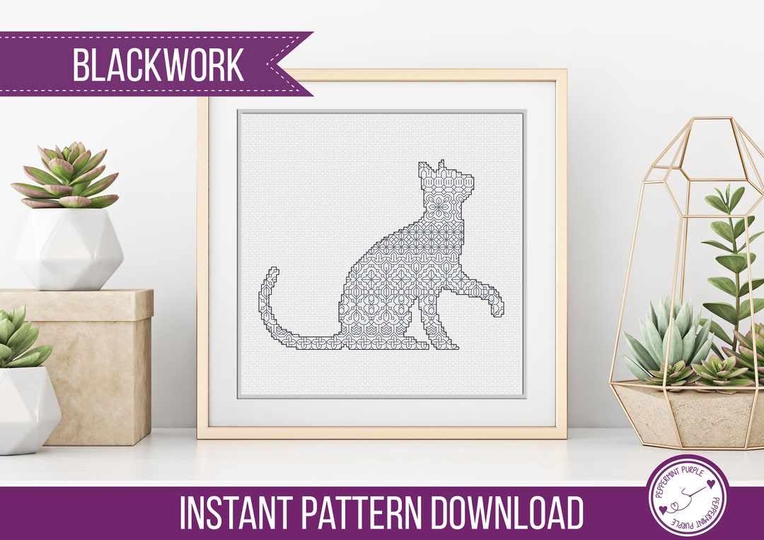 Blackwork Cat Pattern Blackwork Cat Chart Blackwork Chart - Etsy