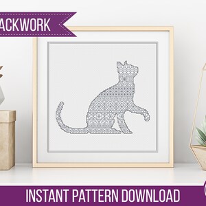Blackwork Cat Pattern, Blackwork Cat Chart, Blackwork Chart, Blackwork Chart by Peppermint ...