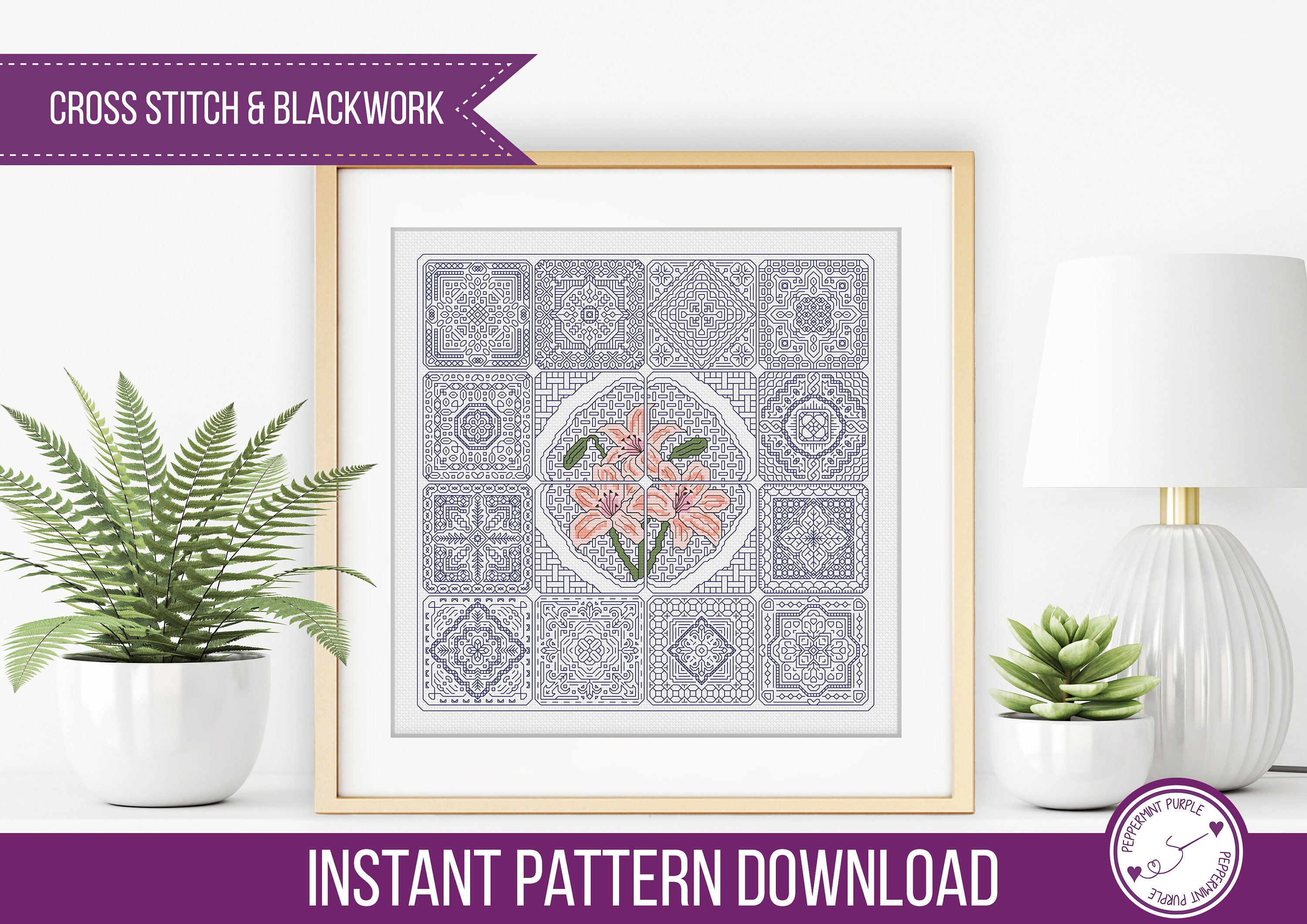 Blackwork Lily Dutch Tiles Pattern Black Work Chart - Etsy