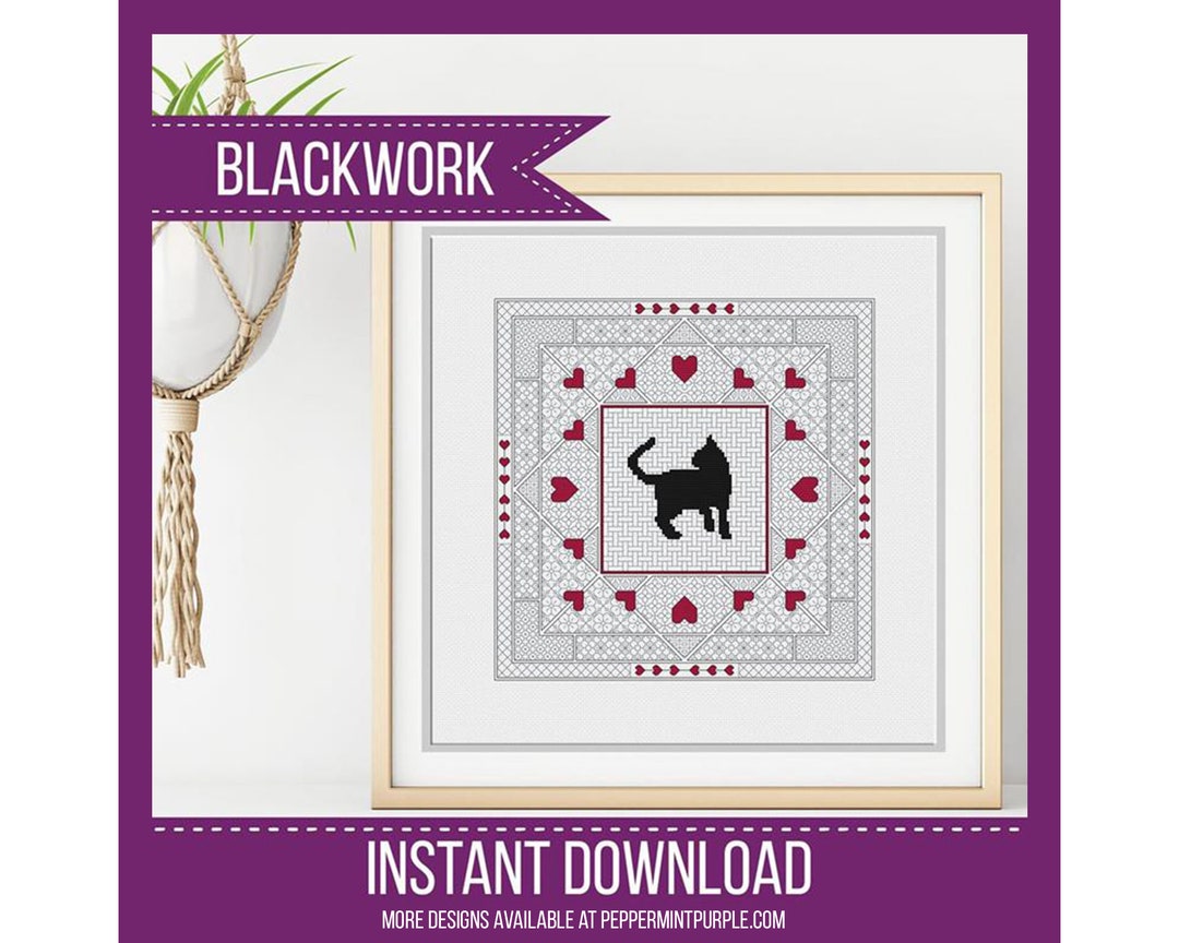 Blackwork Cat Pattern, Blackwork Cat, Blackwork Cat Chart, Cross Stitch Chart by Peppermint ...