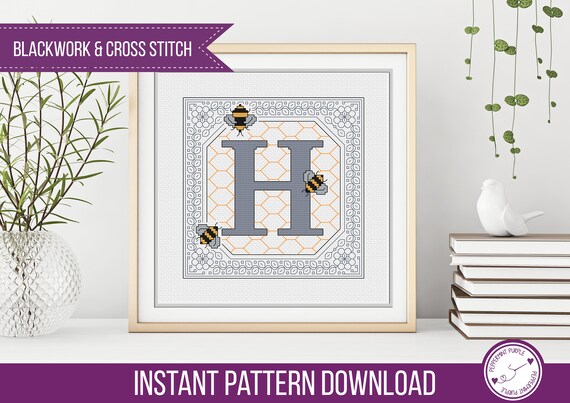 Blackwork Honeycomb Letter H and Bees Chart by Peppermint | Etsy