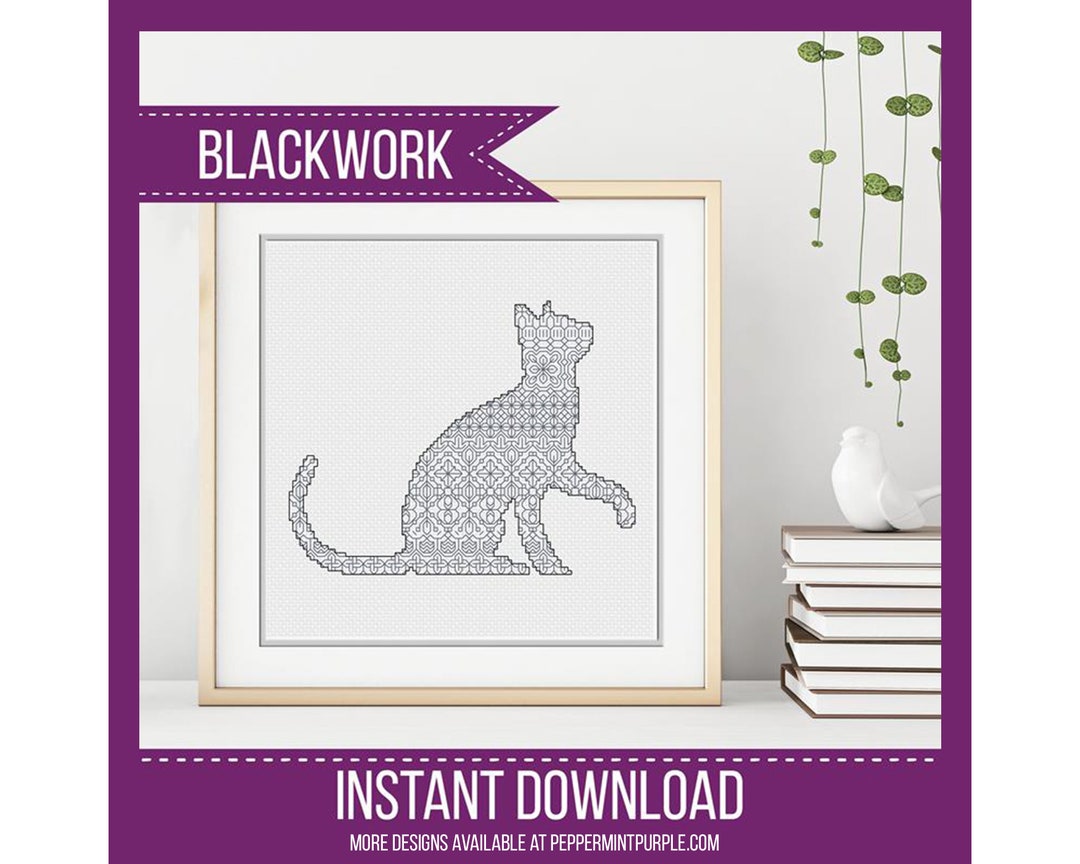 Blackwork Cat Pattern, Blackwork Cat Chart, Blackwork Chart, Blackwork Chart by Peppermint ...