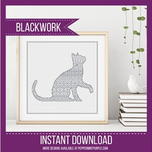 Blackwork Cat Pattern, Blackwork Cat Chart, Blackwork Chart, Blackwork Chart by Peppermint ...