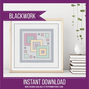 3 Squares Blackwork Pattern, Blackwork Squares, Coloured Geometric Blackwork Chart, Cross Stitch ...