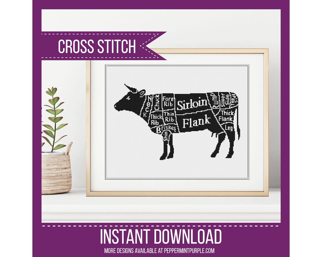 Cow Meat Cuts Cross Stitch Pattern Chart, Kitchen Cross Stitch Pattern ...