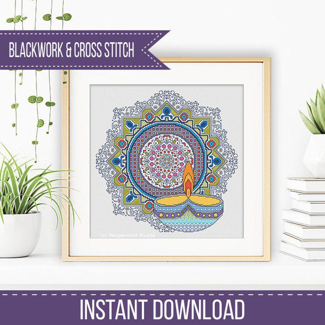Blackwork & Cross Stitch Pattern - Diwali - Rangoli and Diya by ...