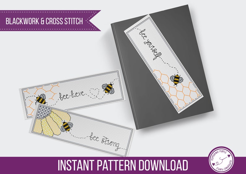 Bee Bookmarks Blackwork Bookmark Pattern Coloured Blackwork | Etsy UK