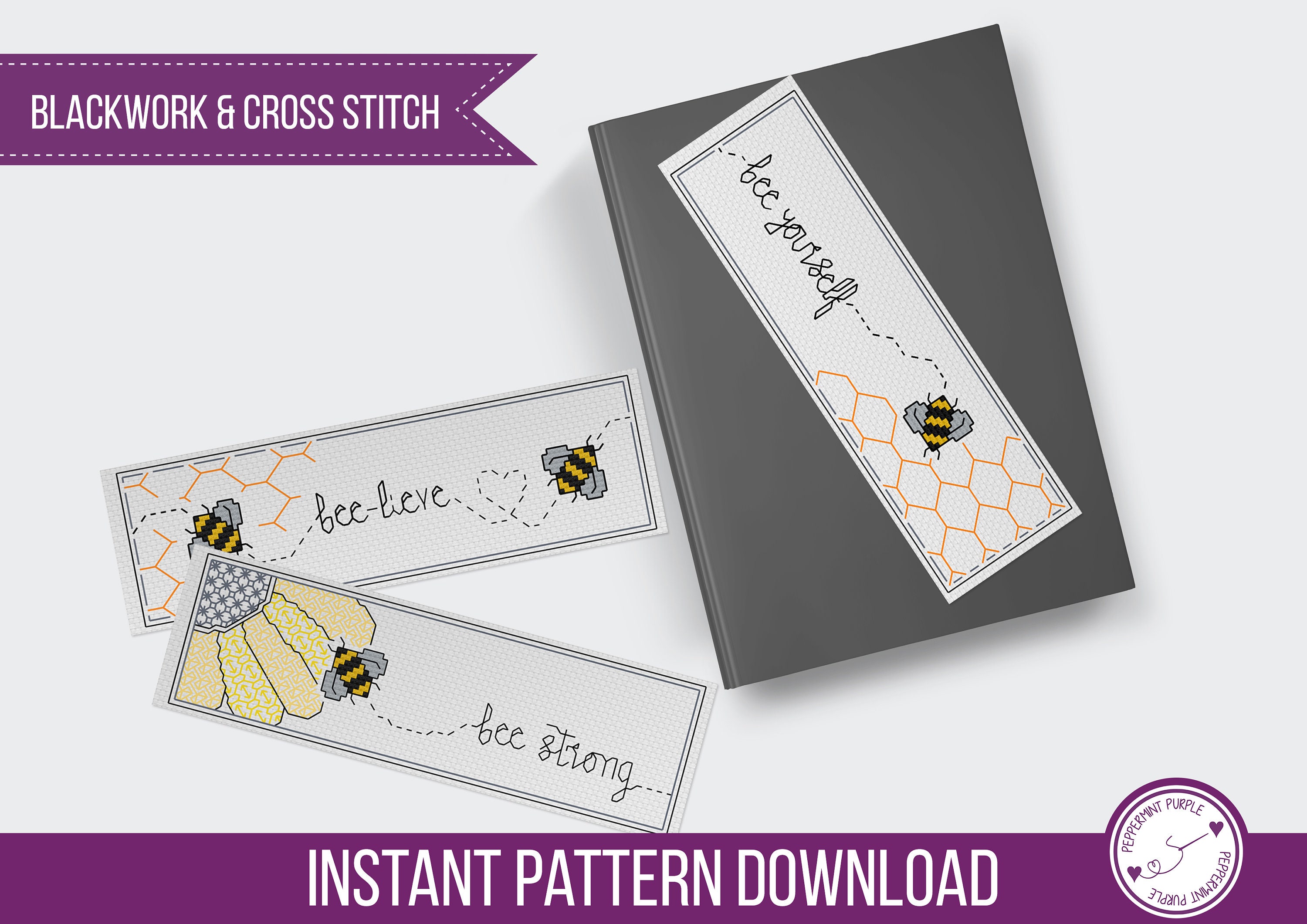 Bee Bookmarks Blackwork Bookmark Pattern Coloured Blackwork | Etsy UK
