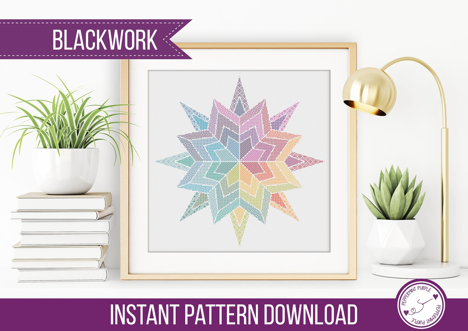Blackwork Rainbow Star Pattern Modern Blackwork Embroidery by | Etsy UK
