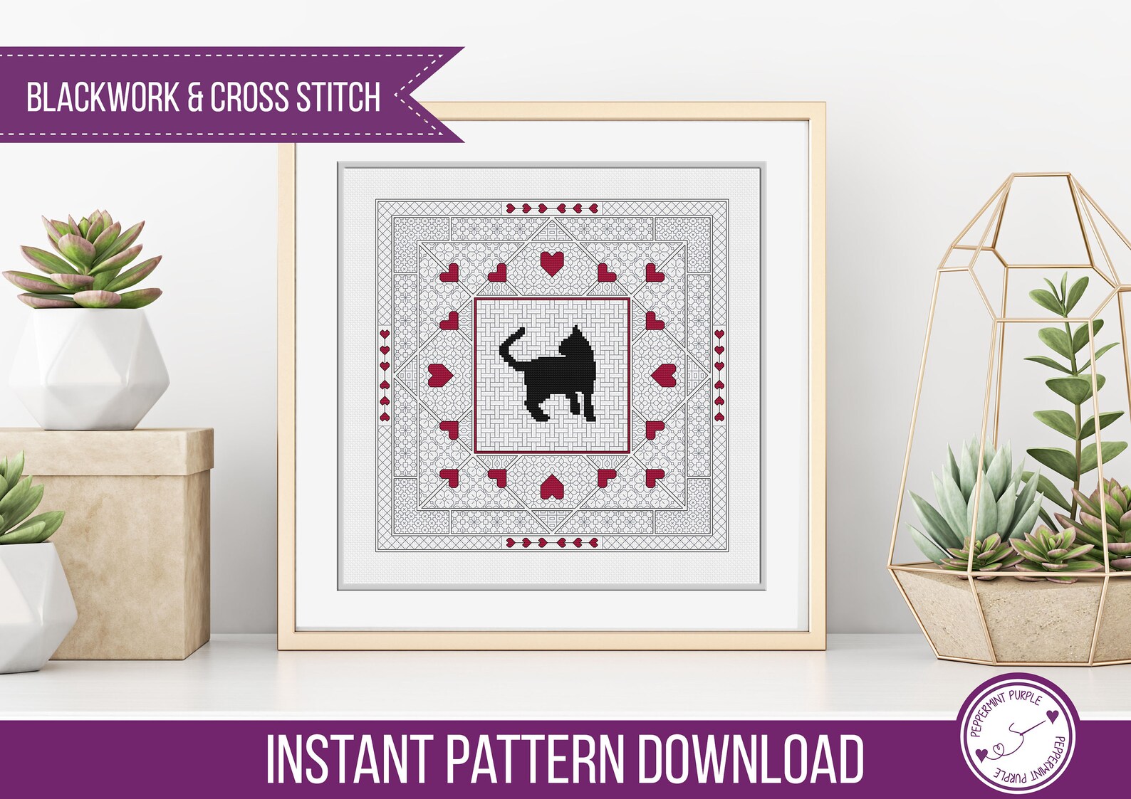 Blackwork Cat Pattern Blackwork Cat Blackwork Cat Chart | Etsy