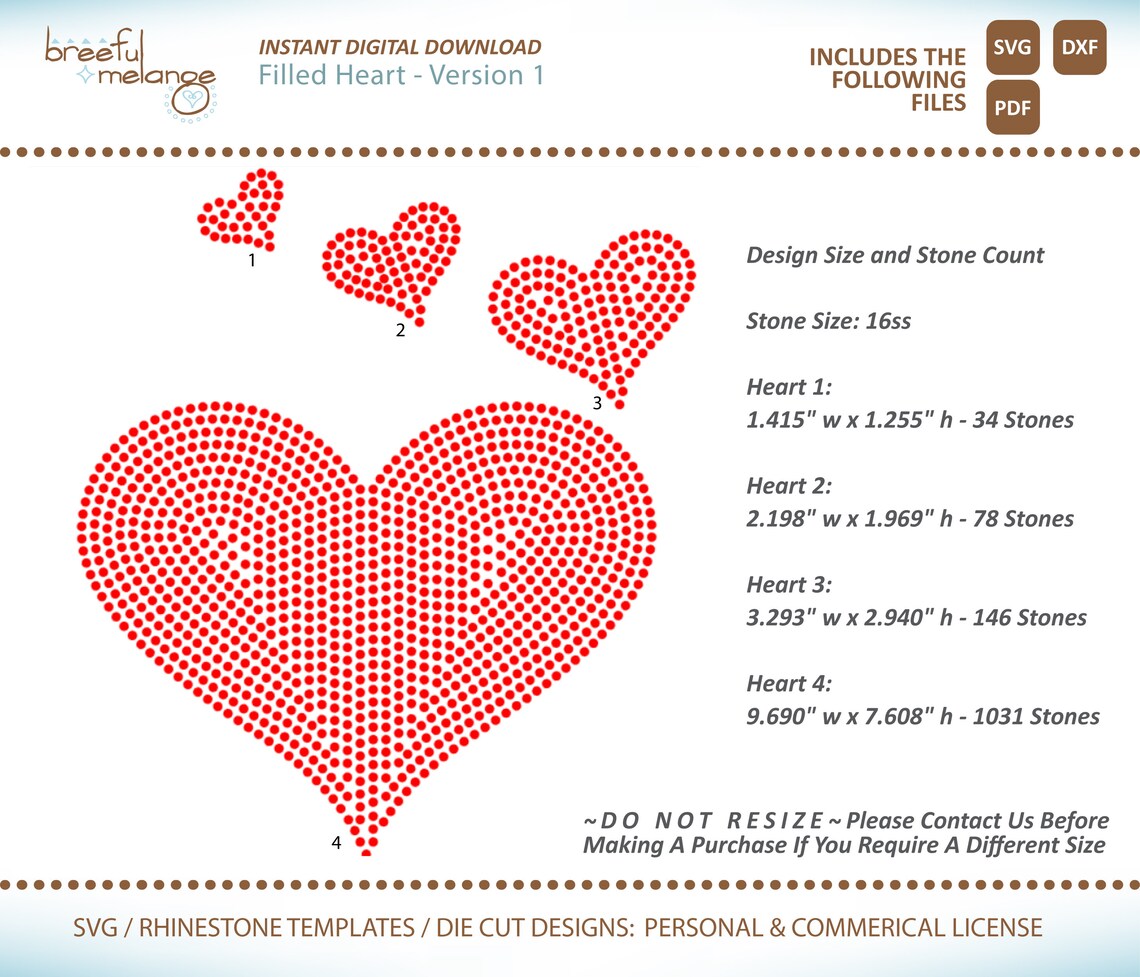 Filled Four Hearts Design Rhinestone Template Instant | Etsy