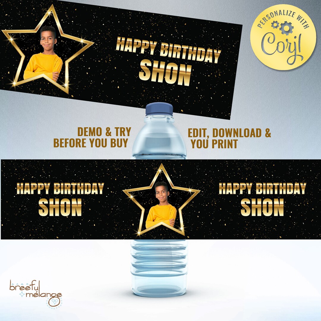 Hollywood Star Water Bottle Label, Edit Online, Shining Star Photo, Any ...