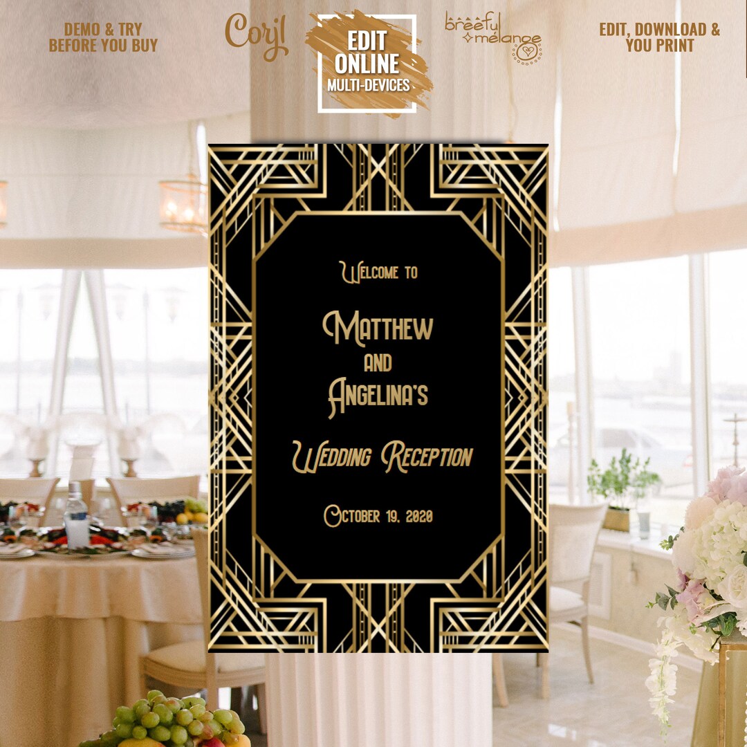 Art Deco Regal Welcome Sign V2, EDITABLE Design, Edit Yourself, Wedding ...