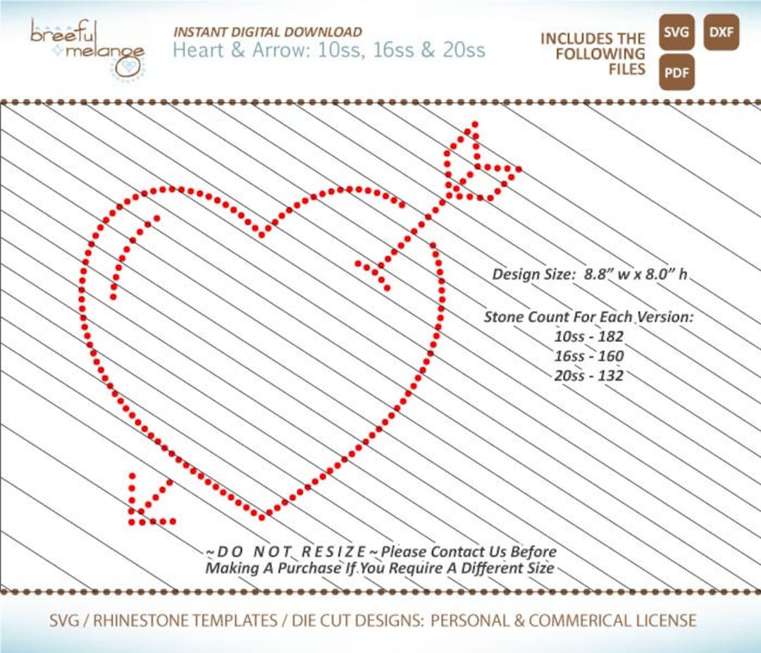 Heart Arrow Rhinestone Template, 3 Sizes 10ss 16ss 20ss, Instant ...