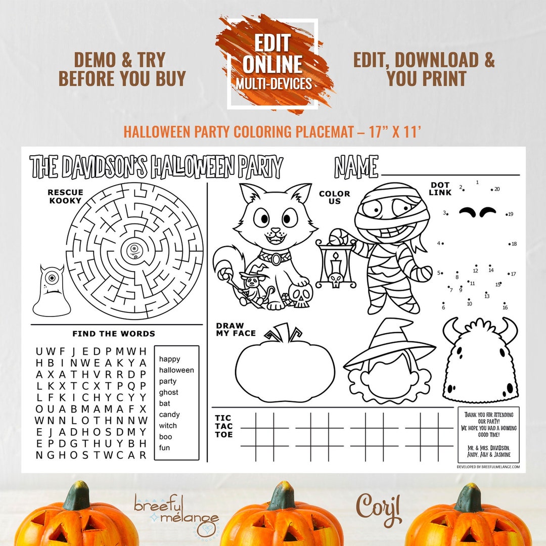 Halloween Party Coloring Placemat #1, Edit Yourself, Printable Party ...