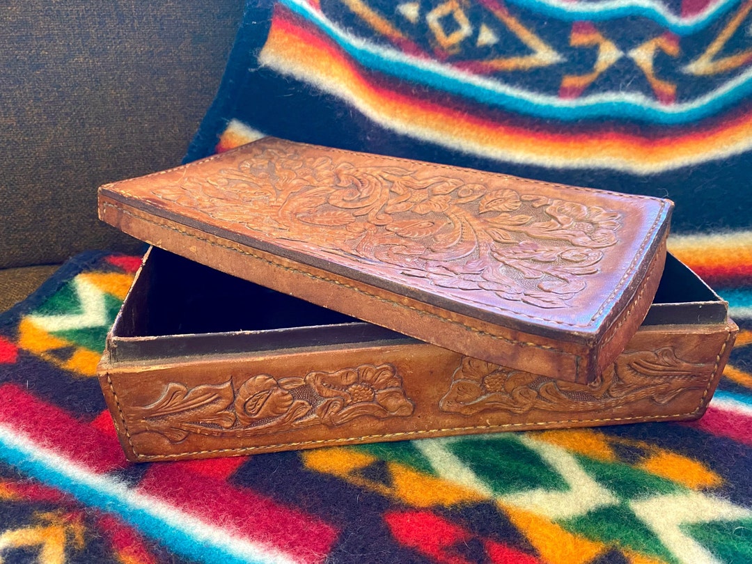 Tooled Leather Box - Vintage Lidded Box With Intricate Leather Tooling ...