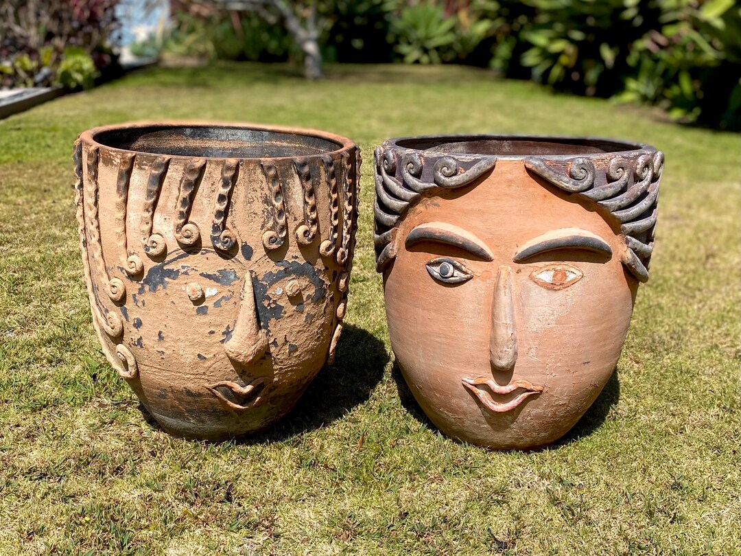 Mexican Folk Art Terracotta Planters - Large Vintage Hand Made Face ...