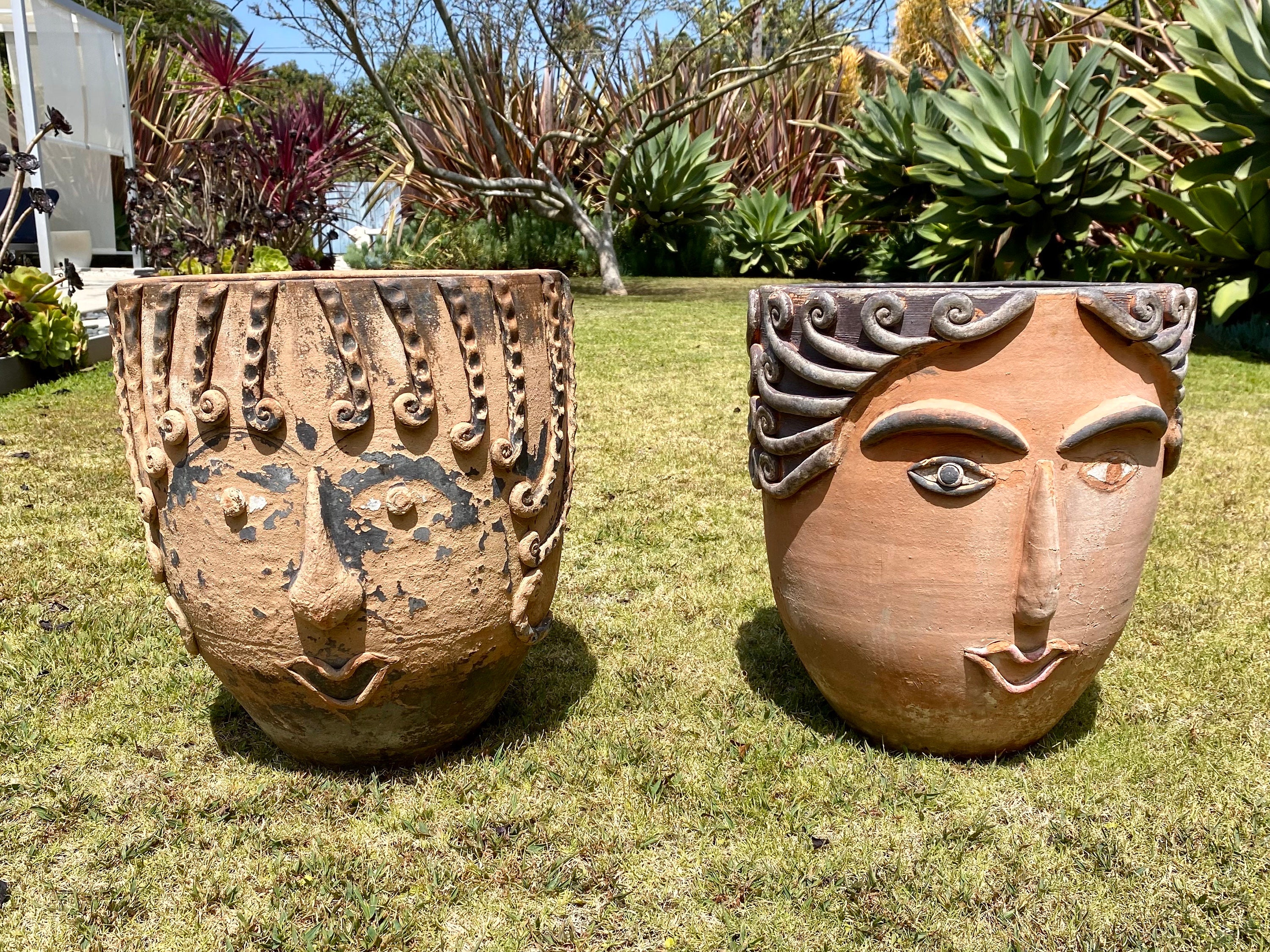 Mexican Folk Art Terracotta Planters - Large Vintage Hand Made Face ...