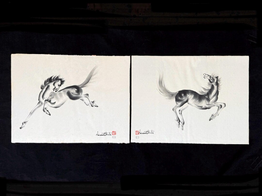 Chiura Obata Woodblock Horse Pair - Sumi-e Style by California Listed Artist Uchida - Etsy
