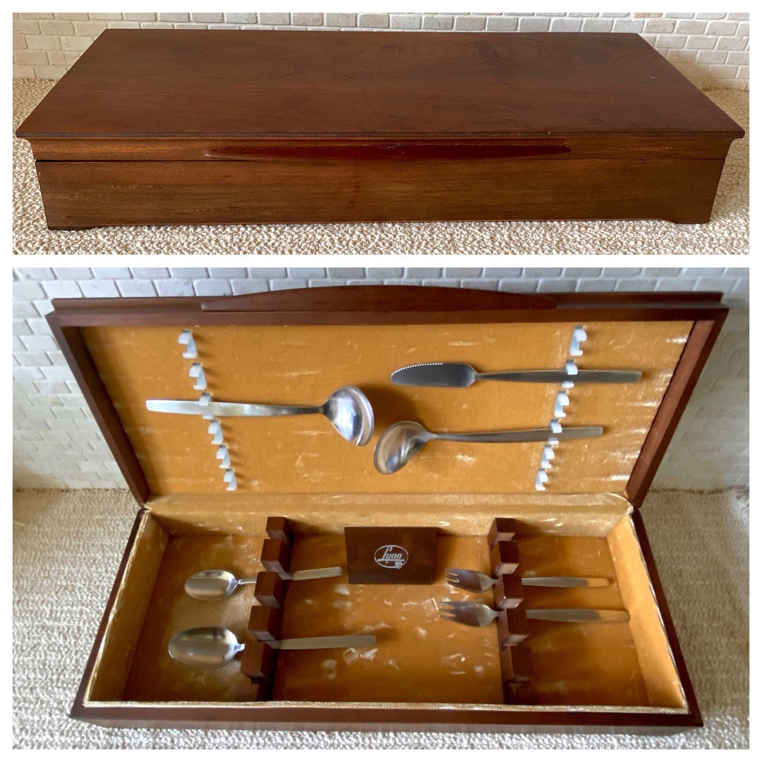 Silverware Storage Case - Vintage Lyon Walnut With Velvet Lined Silver ...