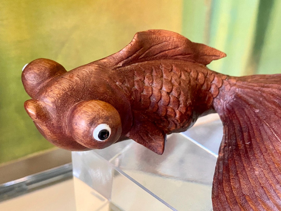 Koi Fish Sculpture - Vintage Hand Carved Wood Koi Fish Sculpture VERY ...