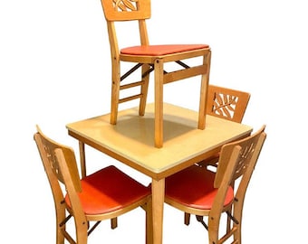 Stakmore Game Table Vintage Folding Card Game Dining Table With Four Leaf Back Chairs With Orange Upholstered Seats Etsy