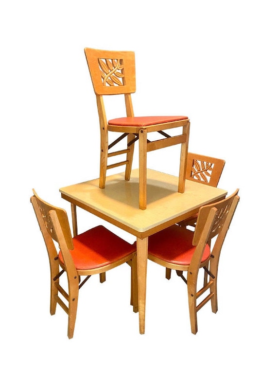 Stakmore Game Table Vintage Folding Card Game Dining Table With Four Leaf Back Chairs With Orange Upholstered Seats Etsy