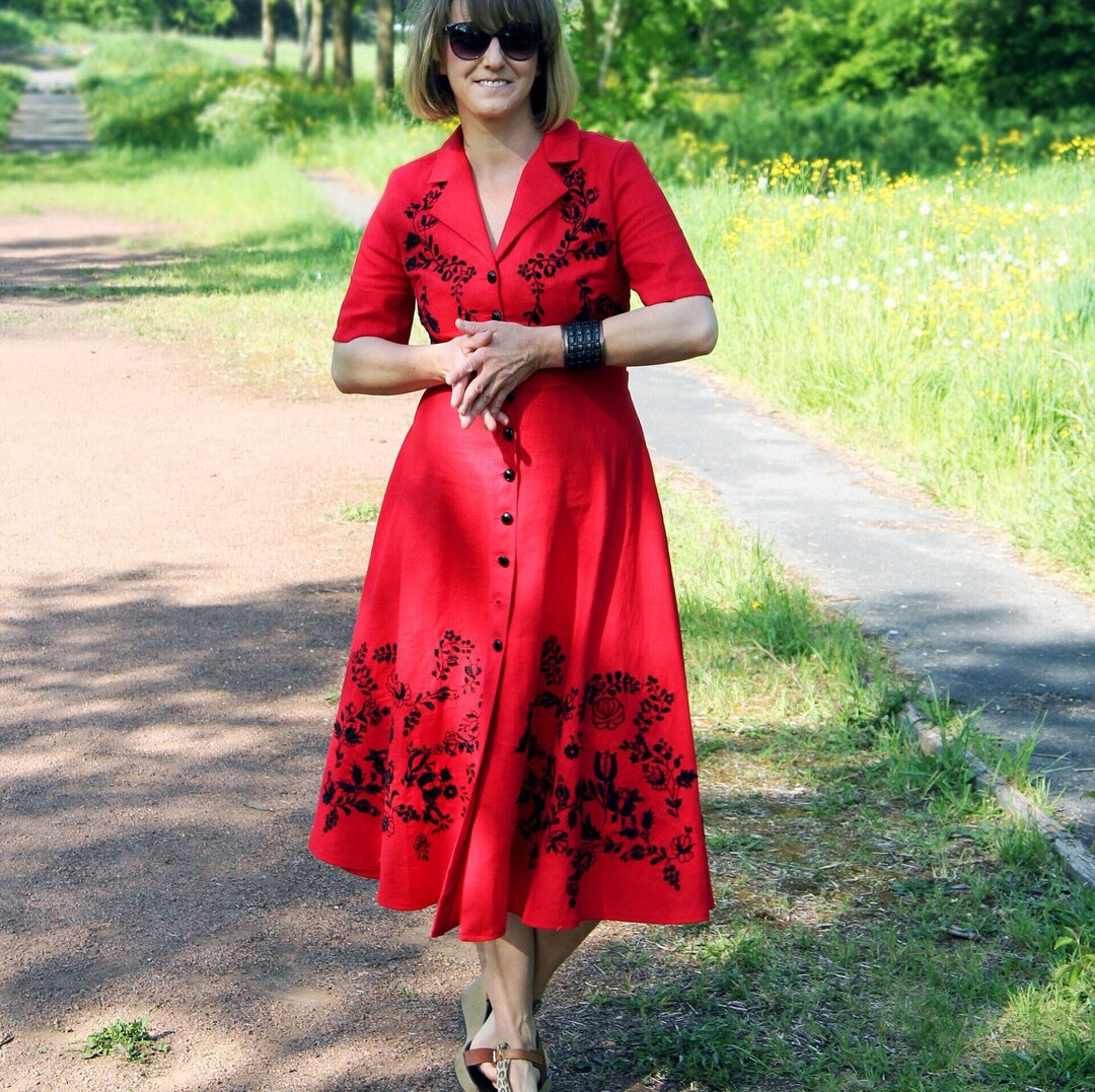 Red Linen Midi Dress, Red Linen Shirt Dress, Women Red Dress, Women ...
