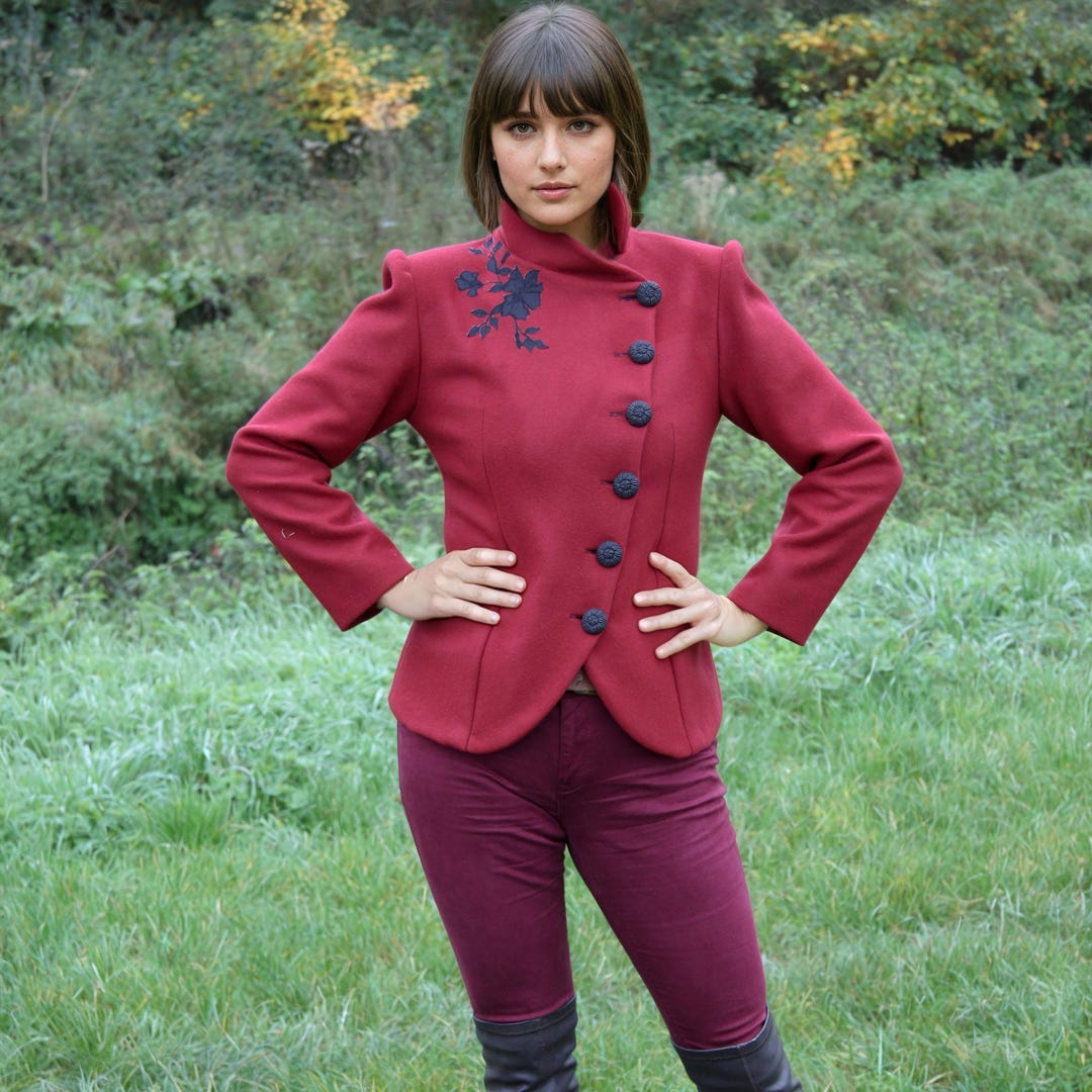 Woman Asymmetrical Dark Red Jacket, Fitted Red Jacket, Minimalist Women ...