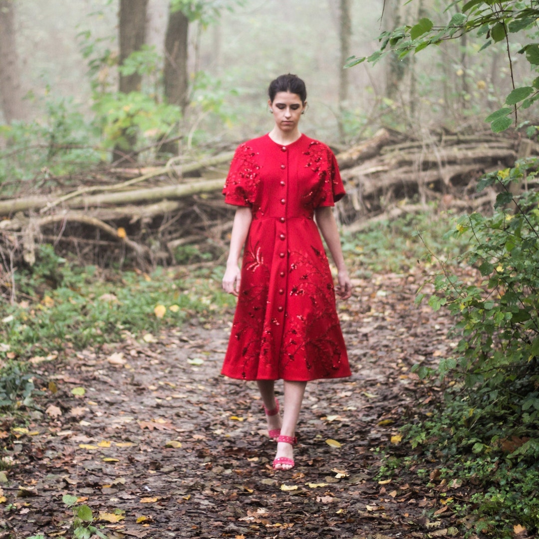 Bat Sleeves Hand Beaded Coat, Women Red Coat, Wedding Coat, Red Dress ...