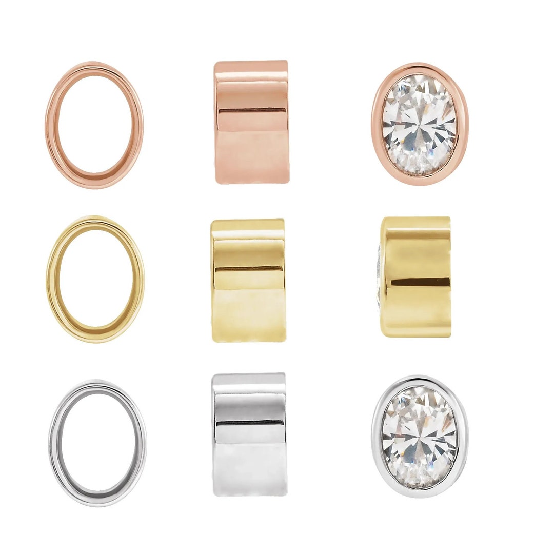 10k 14k 18k Rose White Yellow Gold PT950 or .925 Sterling Silver Oval Tube Bezel Set Setting W ...