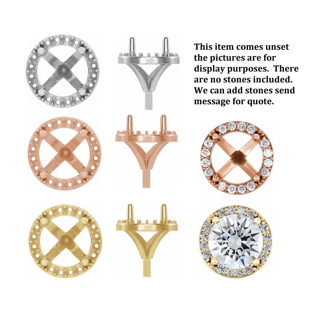 14K 18K Platinum Halo Diamond Round Semi-set/unset Four 4 Prong Peg ...