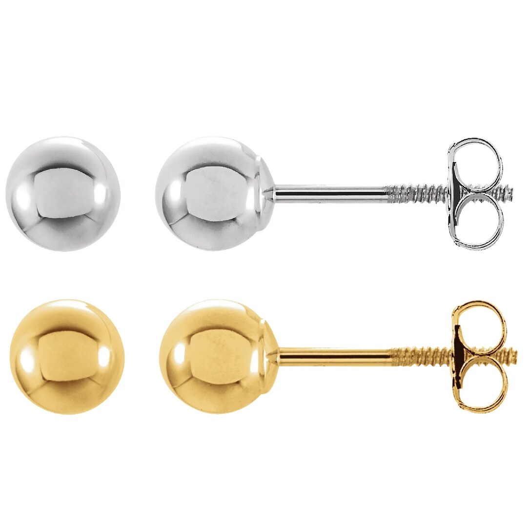 14K White or Yellow Gold Threaded Round Ball Stud Post Earring Push-on ...