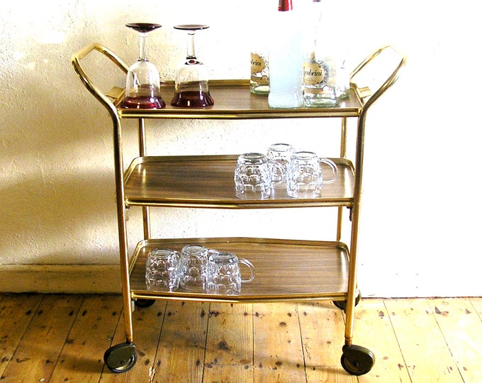 Vintage Bar Cart Rolling Drinks 3 Tier Hostess Tea Trolley Gold Toned ...