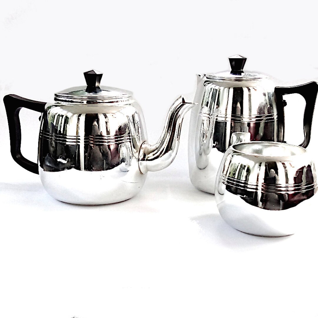 Tea Coffee Set Towerbrite Serving Set Vintage Silver Metal and Bakelite ...