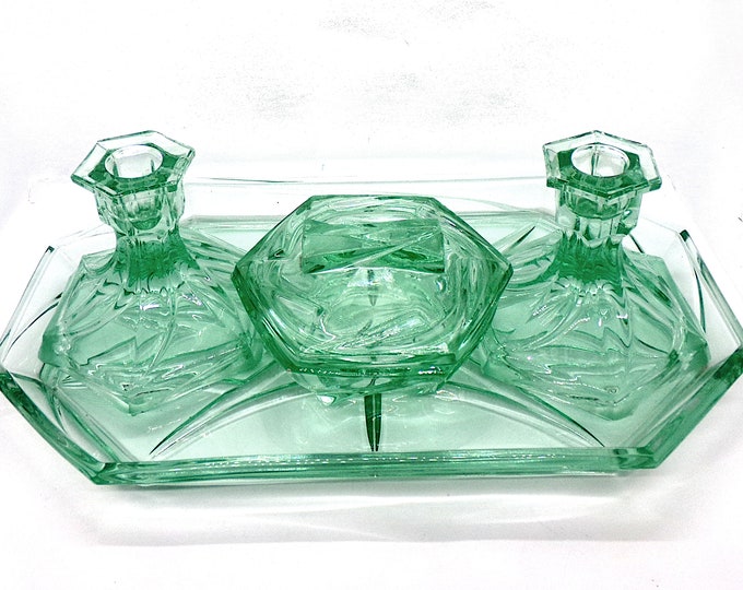 Art Deco Green Glass Dressing Table Set With Candle Holders, Tray ...