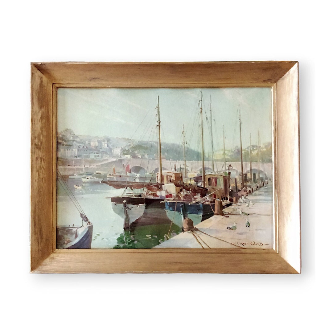 Vernon Ward Print Vintage Art Gift Gold Frame Looe Harbour - Etsy UK