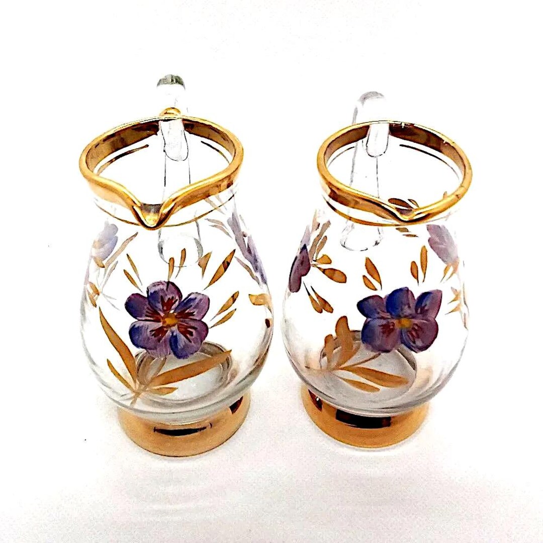 Romanian Glass Jugs Hand Painted With Purple & Gold Floral Pattern Pair ...