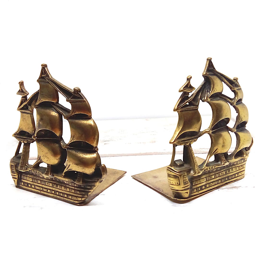 Brass Ship Bookends Antique From the 1920s HMS Victory British Warship ...