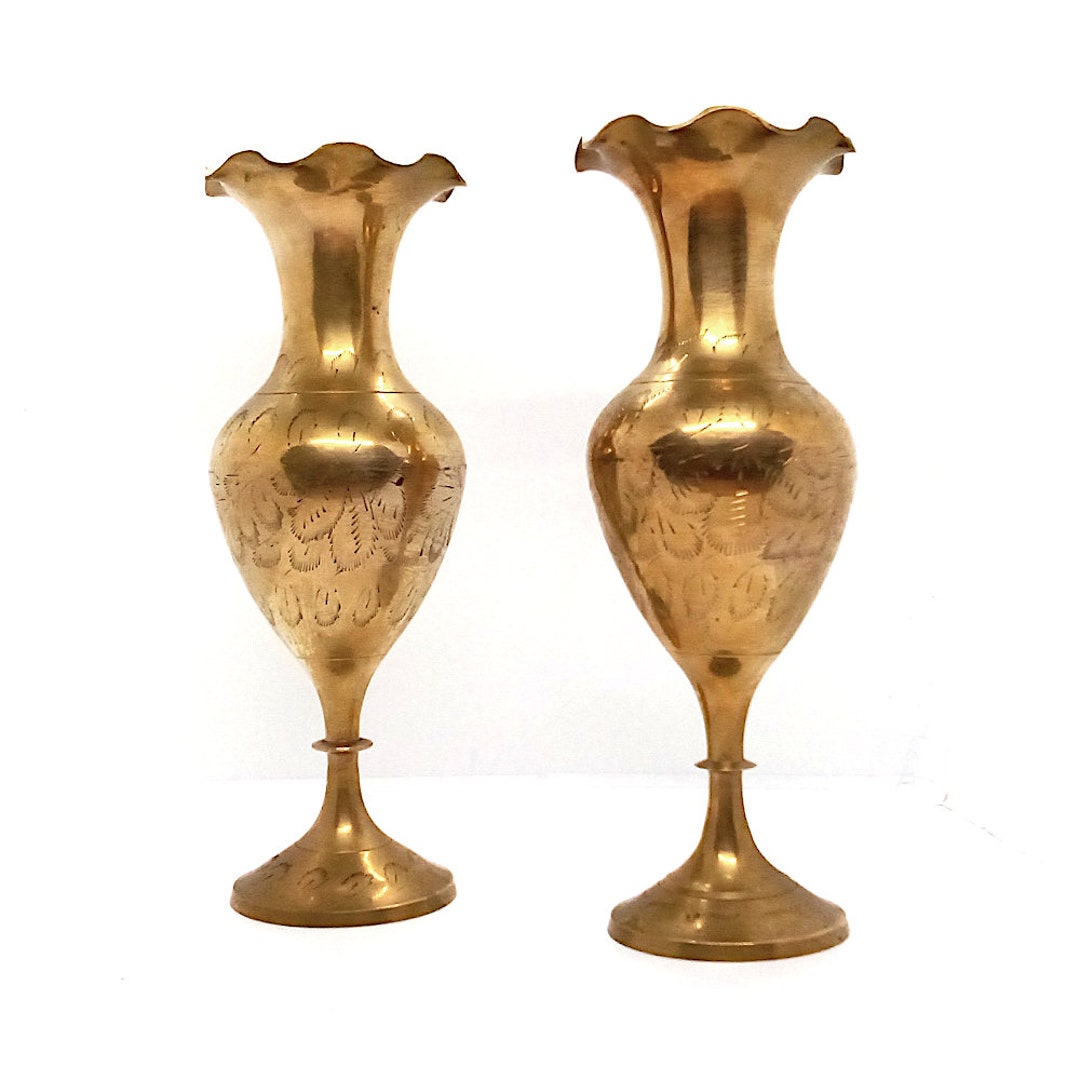 Antique Brass Vases Engraved Indian Vases Pair Long Stemmed Flower ...